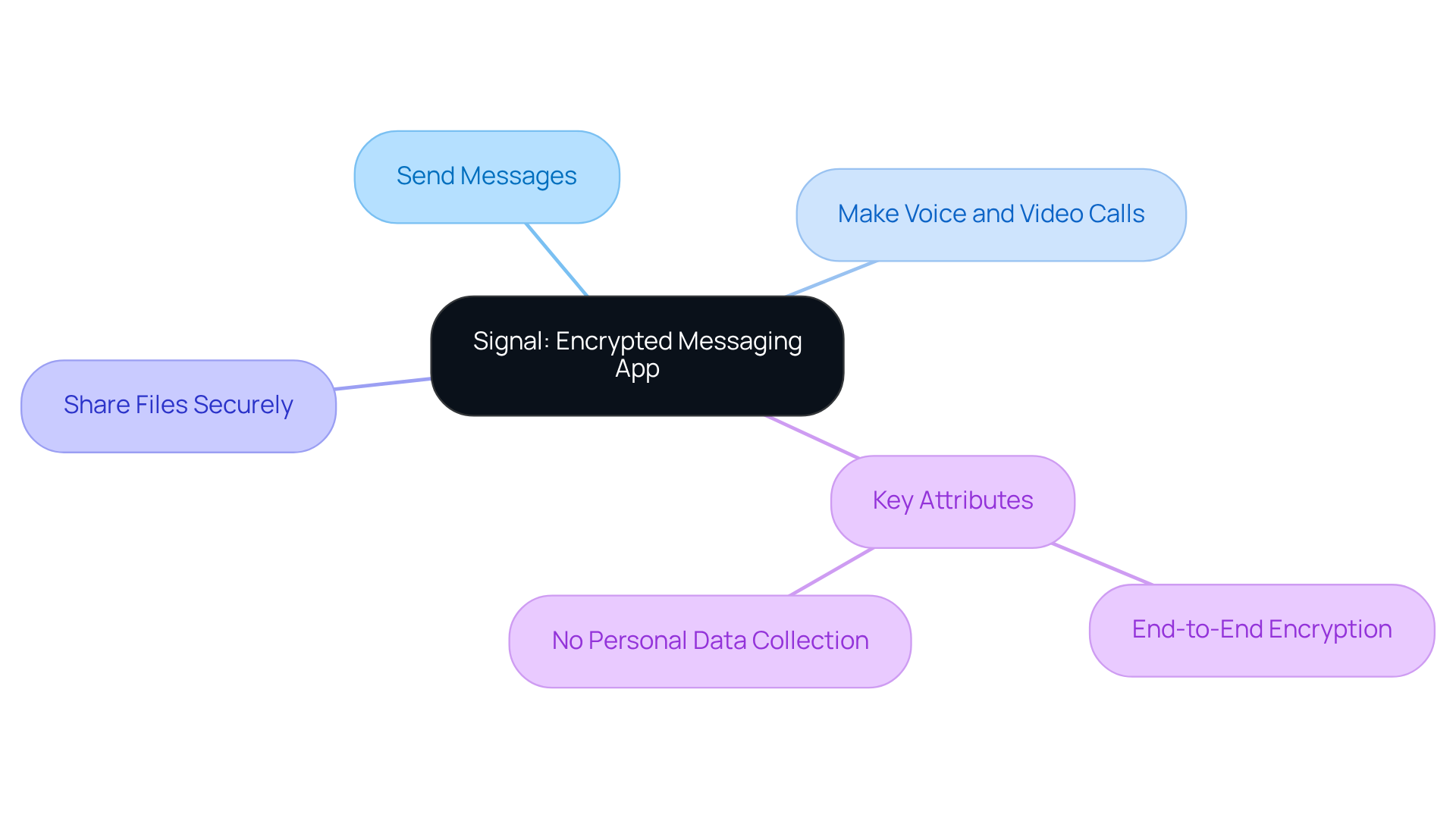 The center represents Signal, and the branches show its main features and privacy aspects. Each branch highlights how Signal ensures secure communication, making it a great choice for users who value privacy.