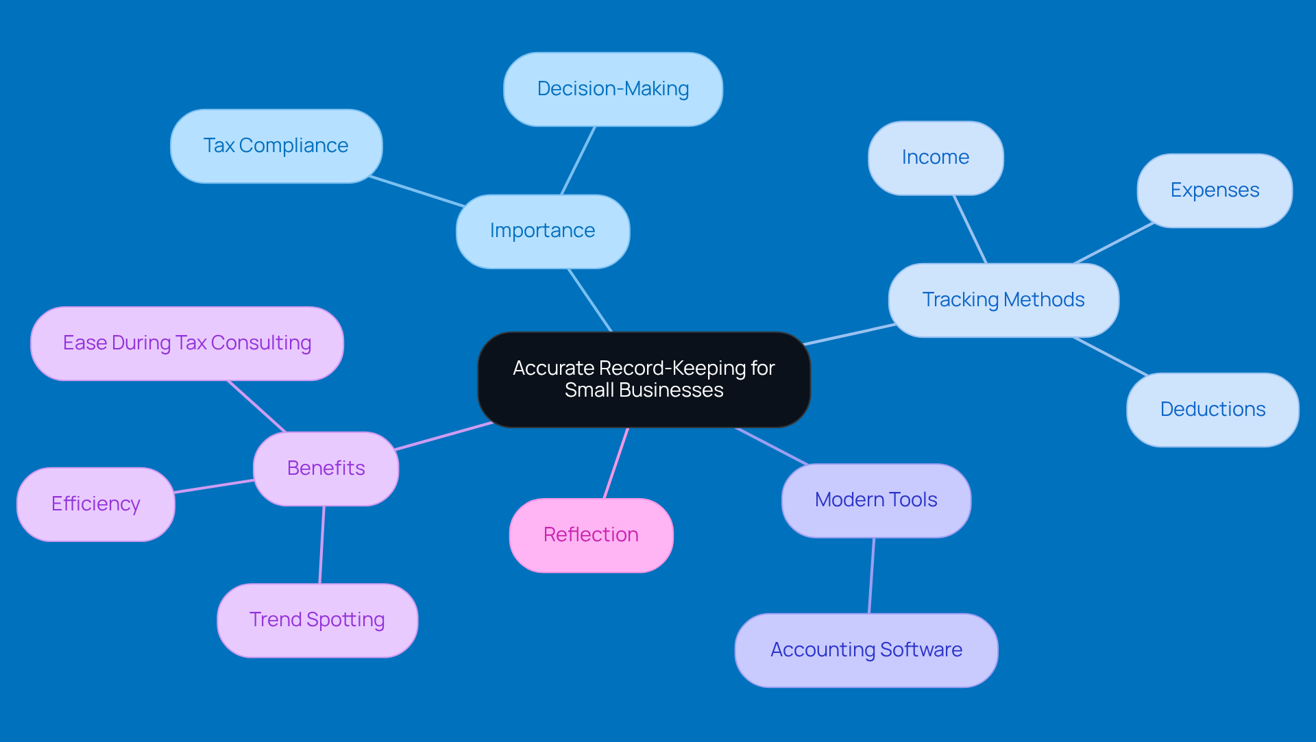 The center represents the main idea of record-keeping, with branches showing related topics and their significance. Each color-coded branch helps you see how different aspects connect to the overall theme.