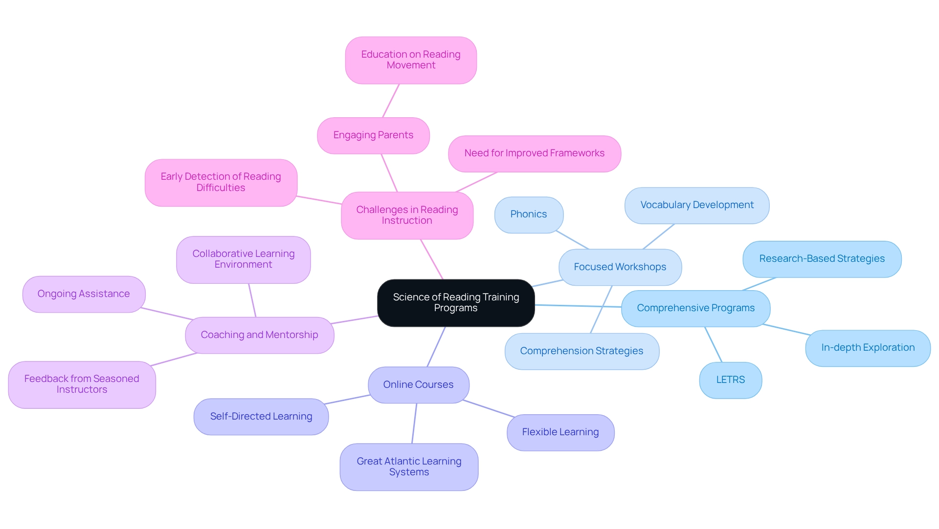 The central node represents the overarching category of training programs, with branches showing the four main types and their respective features.