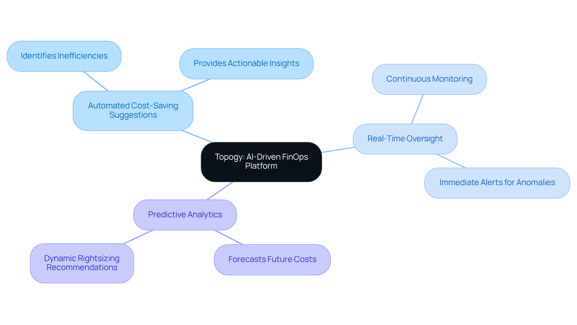 Start at the center with Topogy, then explore each branch to see how its features help organizations optimize cloud costs. Each feature is designed to tackle specific challenges in financial decision-making.