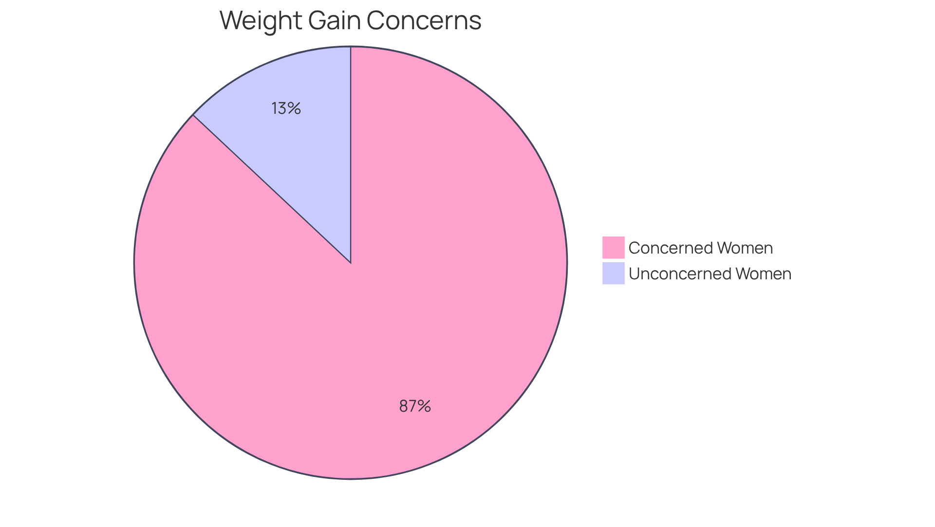 This chart shows how many women are worried about weight gain during menopause. The big slice represents the 87% of women who have these concerns, while the small slice shows the 13% who do not. It's a clear way to see how common these worries are. This chart shows how many women are worried about weight gain during menopause. The big slice represents the 87% of women who have these concerns, while the small slice shows the 13% who do not. It's a clear way to see how common these worries are.