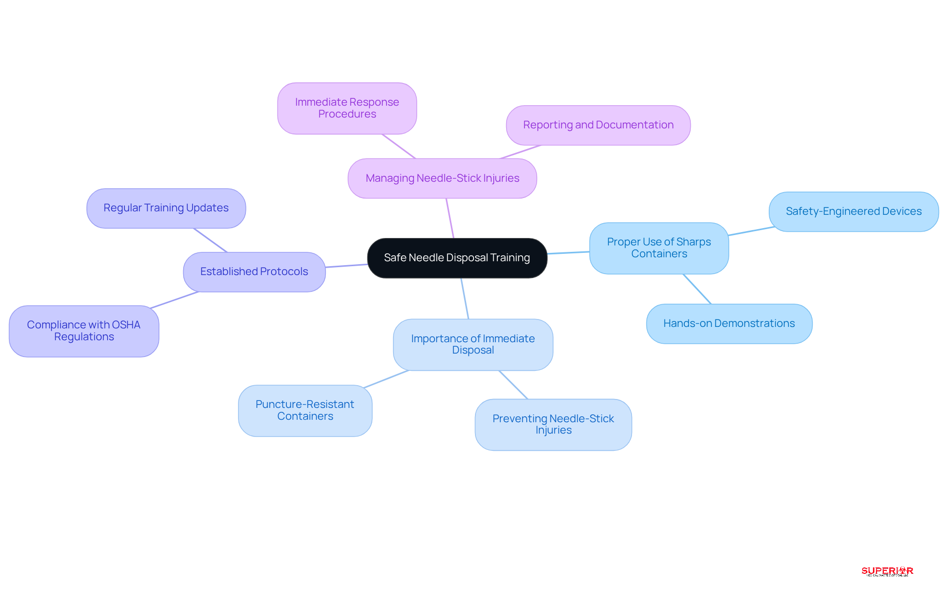 The center represents the main training focus, while the branches show the key topics covered in the training sessions. Each color-coded branch helps you quickly identify different aspects of the training.