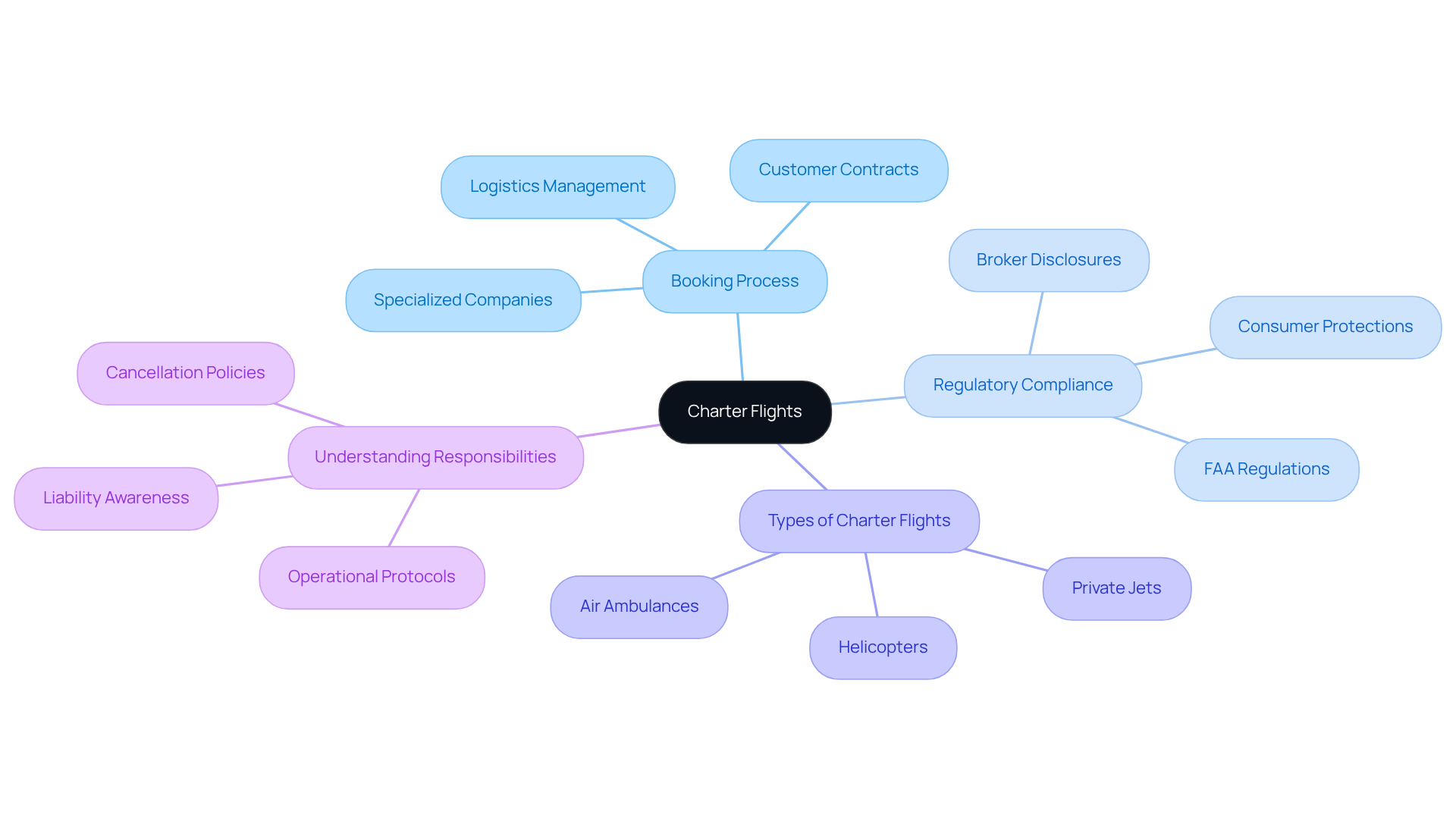 The central node represents charter flights, with branches showing different aspects like booking, regulations, and types. Each branch helps you explore the details related to that aspect, making it easier to understand the overall framework.