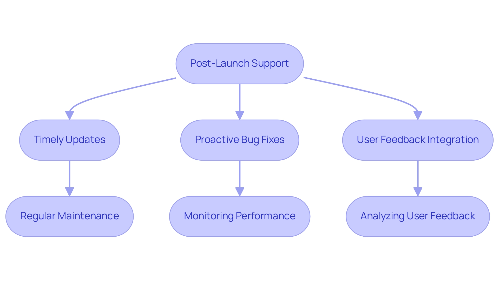 Each box represents a key component of post-launch support, with arrows indicating the flow of processes and actions.