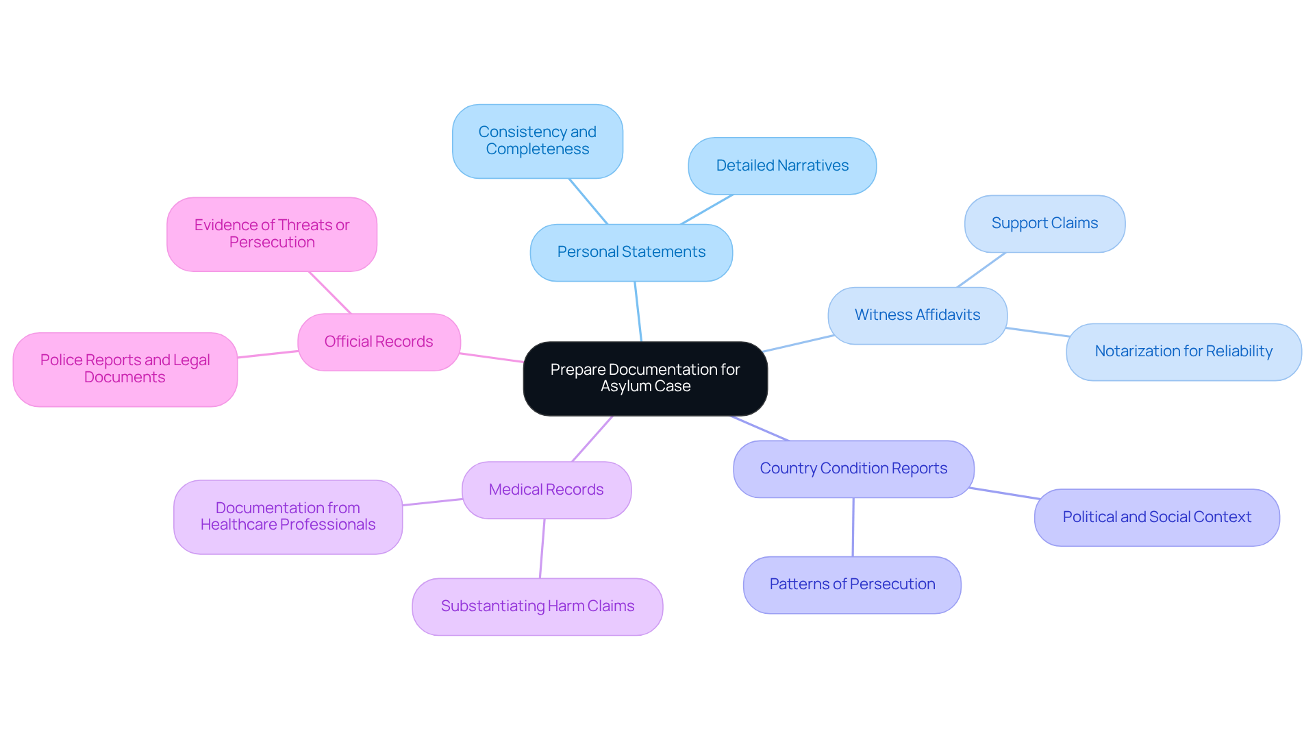 Each branch represents a type of evidence needed for an asylum application — click on the branches to explore what each type entails and how it supports the asylum seeker’s case.