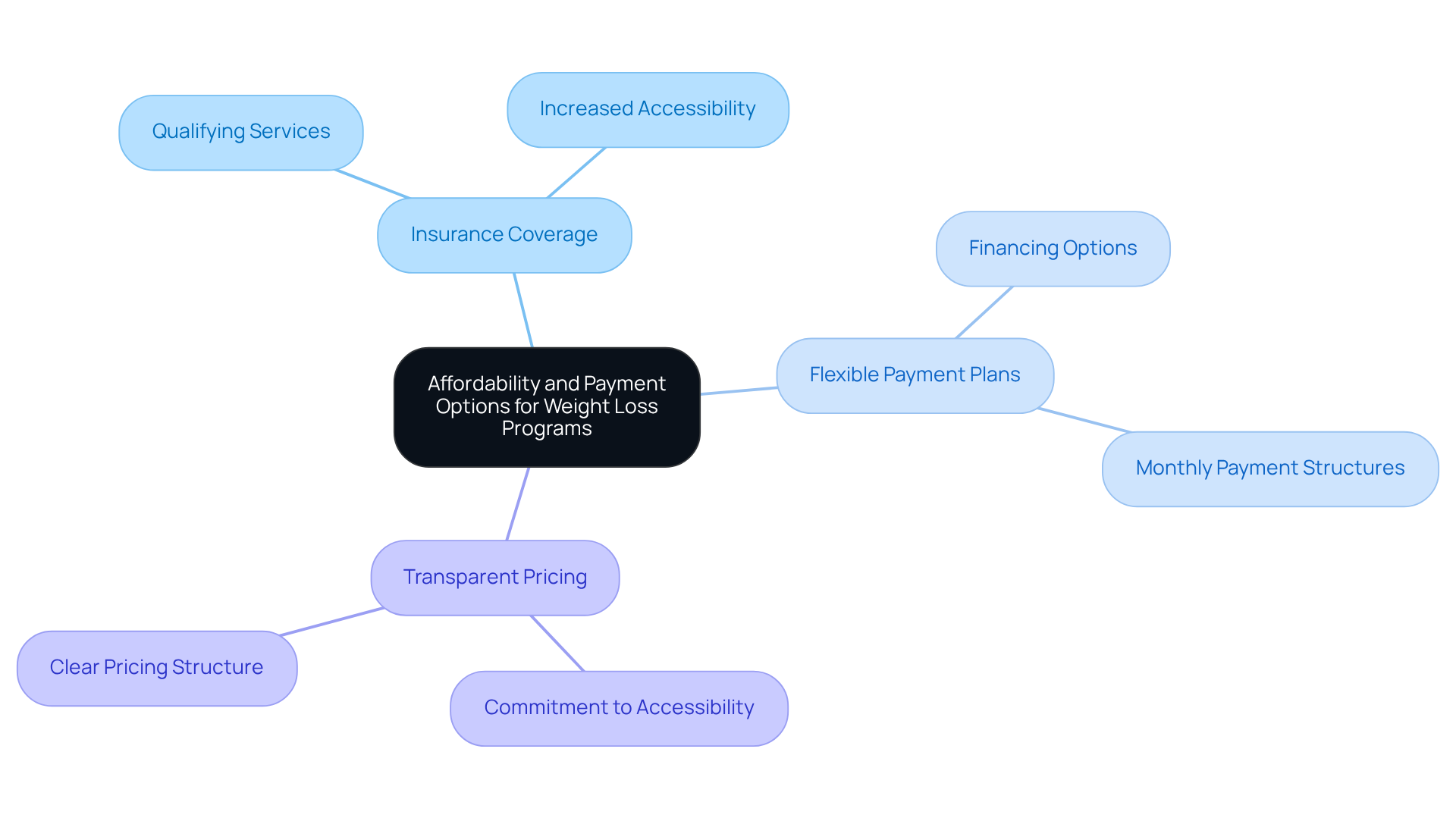This mindmap starts with the main theme of affordability in weight loss programs. Each branch represents a different payment option or aspect, helping you see how they connect and support the overall goal of making these programs accessible.