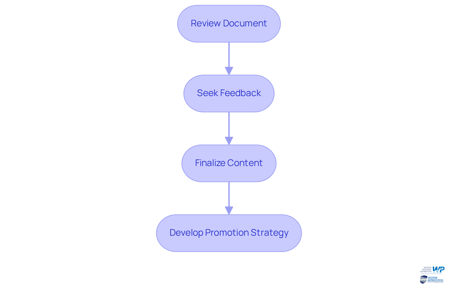 Each box represents a step in the process — follow the arrows to see how to progress from reviewing your document to promoting it effectively.