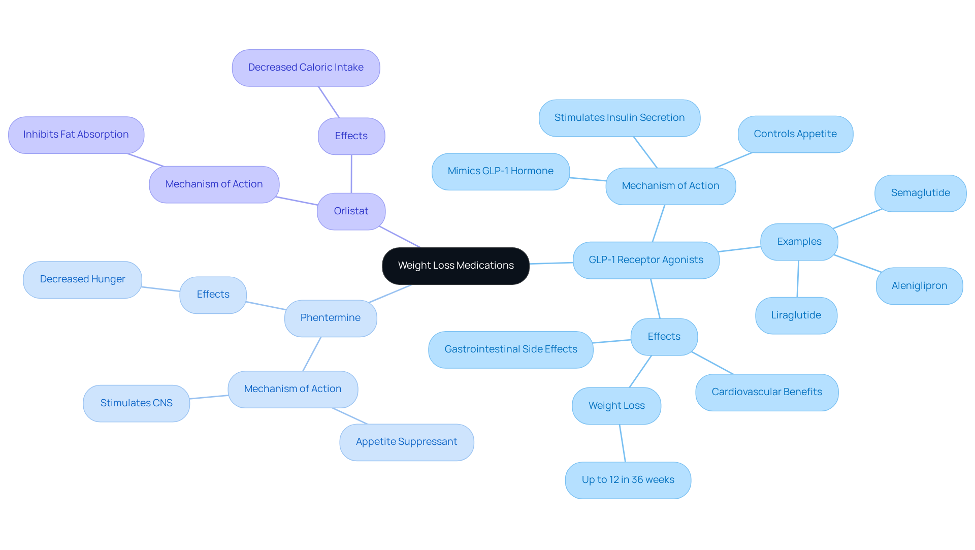 This mindmap starts with the main topic of weight loss medications at the center. Each branch represents a different type of medication, and the sub-branches provide more details about how they work and their effects. This visual helps you understand the relationships and differences between the various treatments.