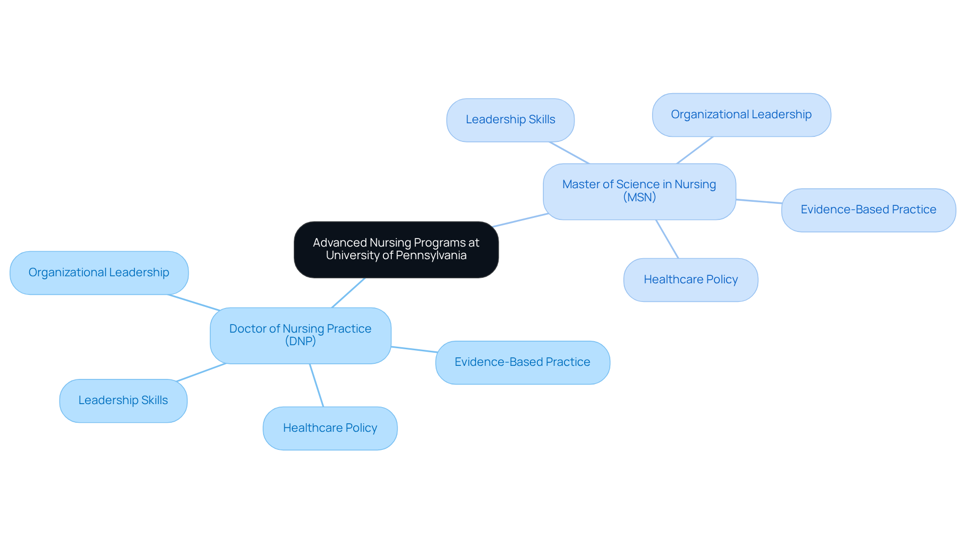 This mindmap illustrates how the University of Pennsylvania's nursing programs are structured. Start at the center with the main topic, then explore the branches to see the specific programs and their focus areas. Each branch represents a key aspect of the programs that contribute to developing leadership skills in nursing.