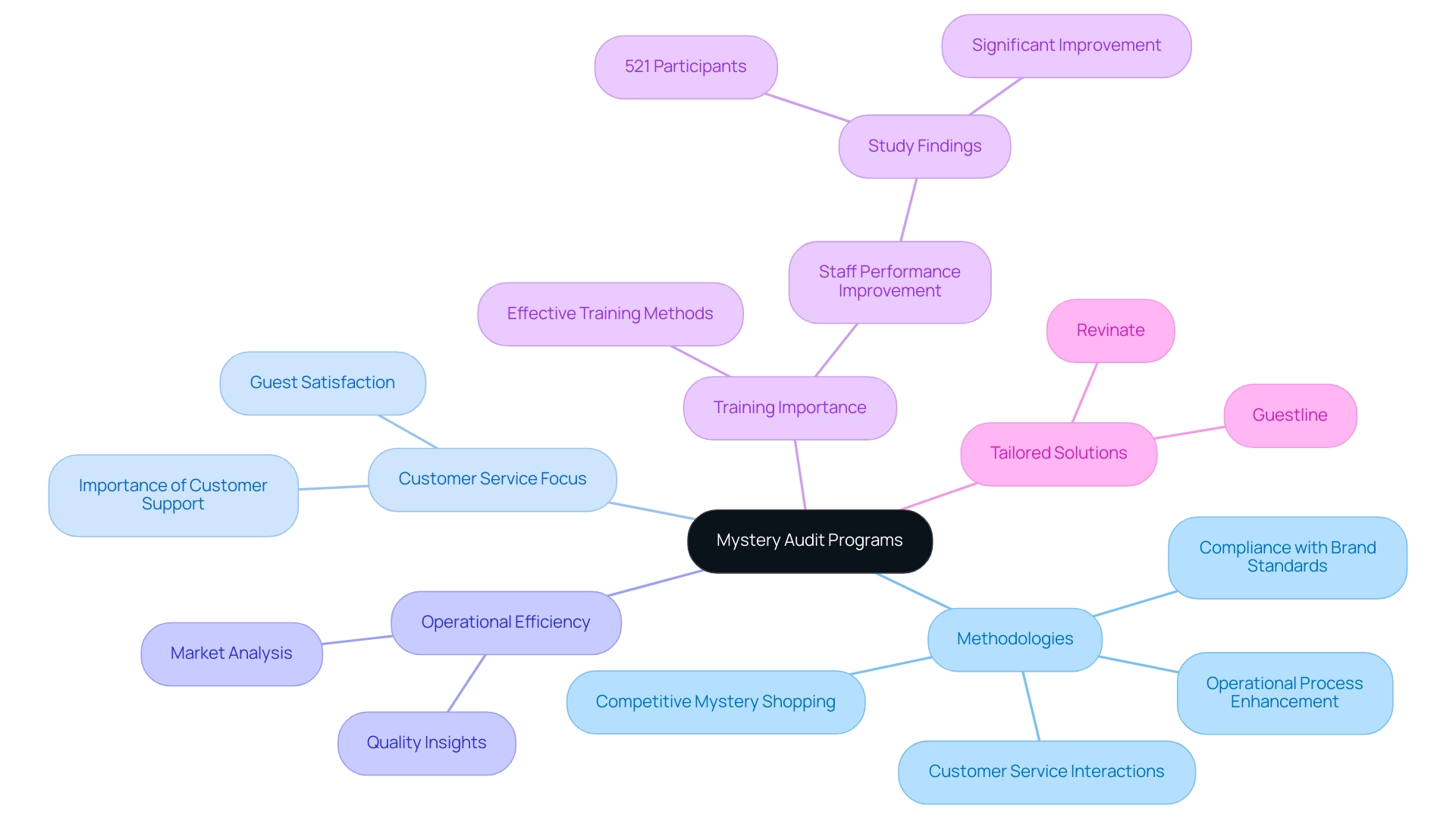 Each branch represents a different aspect of mystery audit programs, with sub-branches detailing specific methodologies and their unique characteristics.