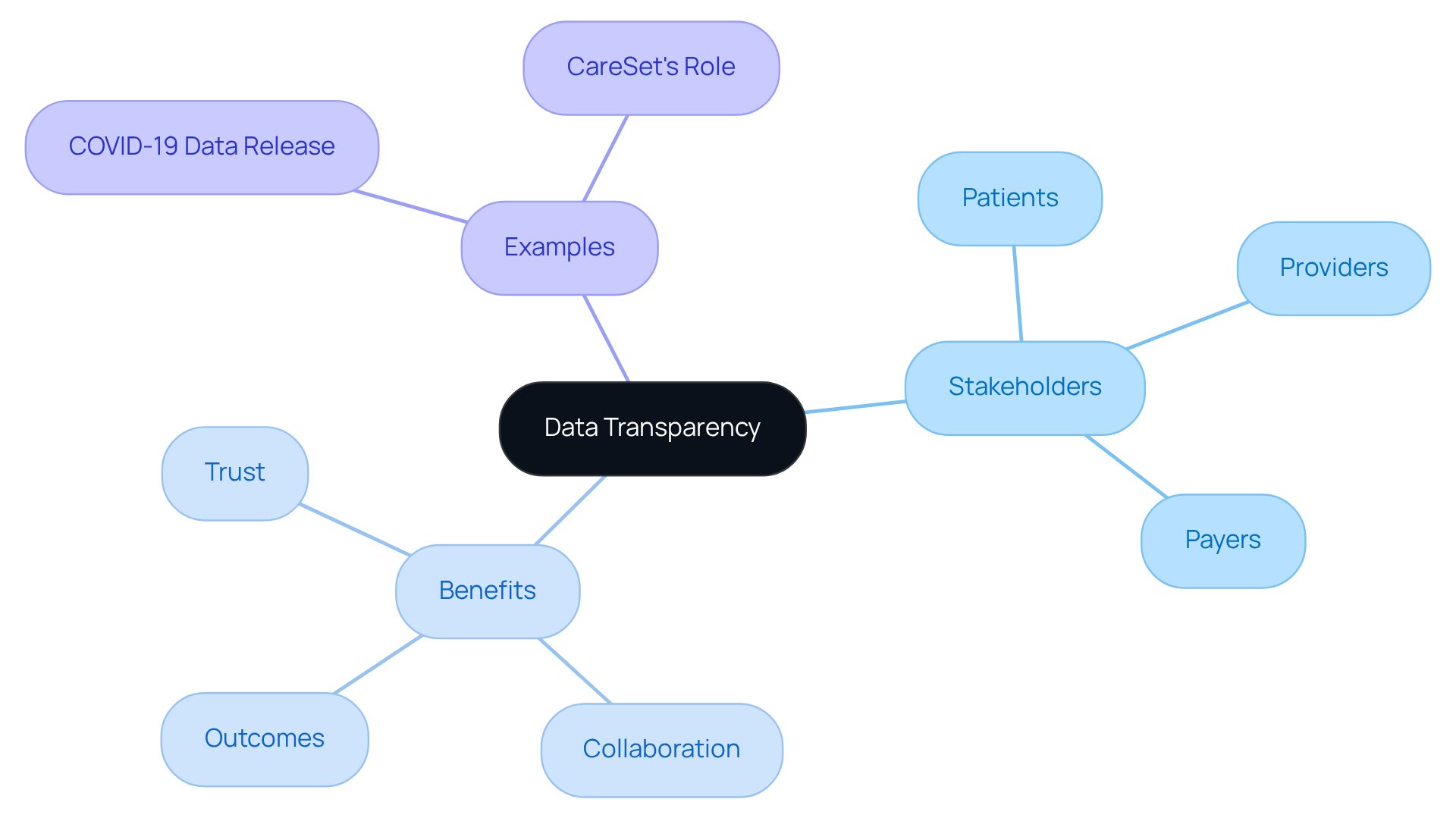 The central idea is data transparency. The branches show who is affected (stakeholders), the benefits that arise, and real-world examples, helping you see how everything connects.