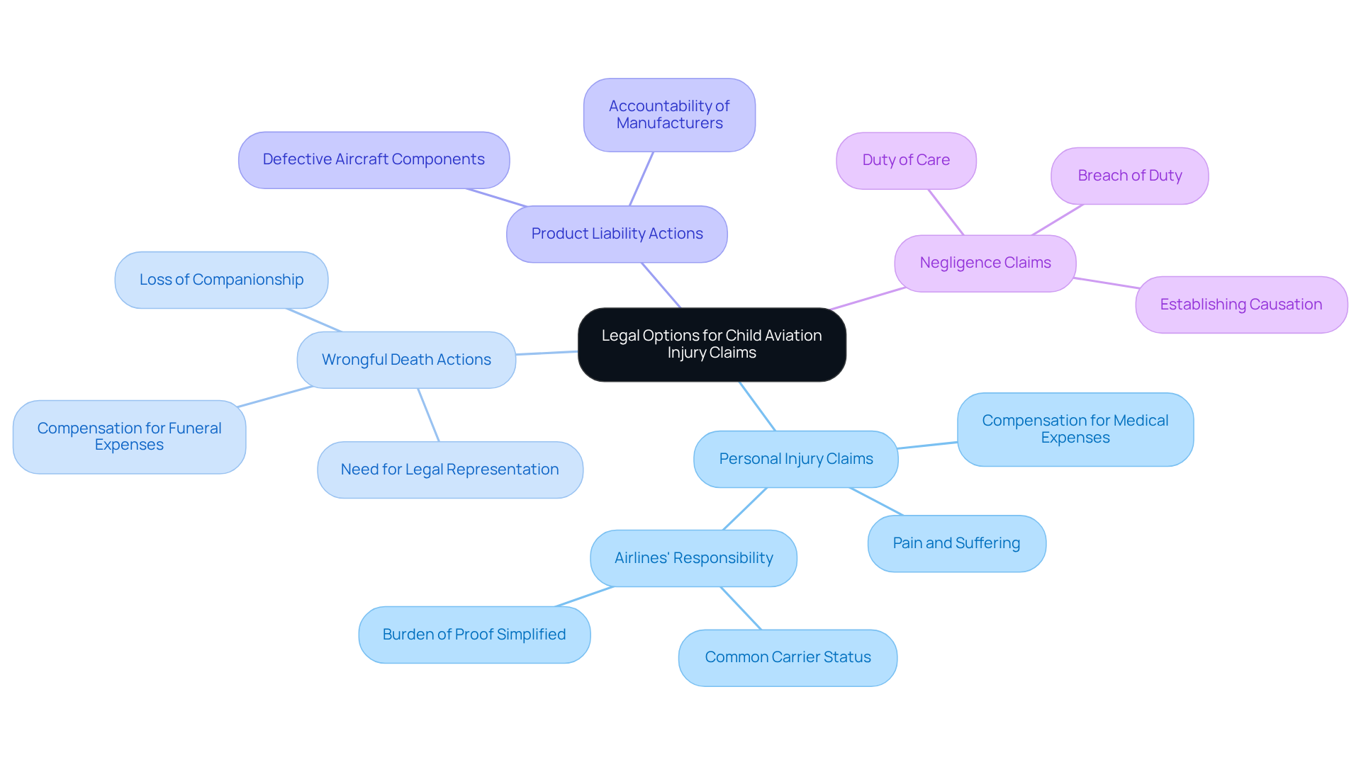 This mindmap shows the different legal paths parents can take if their child is injured in an aviation accident. Each branch represents a specific type of claim, and the sub-branches provide more details about what each claim involves and the support needed.