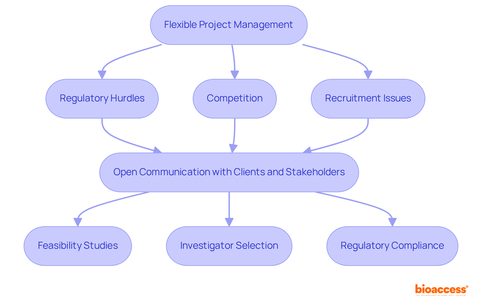 Follow the flow to see how the company responds to challenges in clinical trials, from identifying obstacles to implementing strategies and services that ensure smooth progress.
