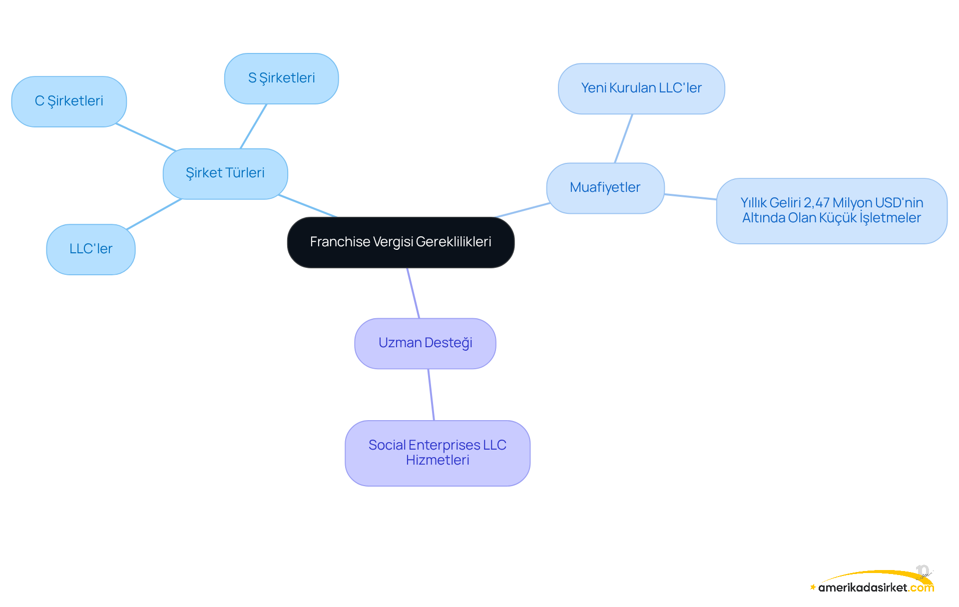 Merkezdeki başlık franchise vergisi gerekliliklerini temsil ediyor. Dallar, bu gerekliliklerin detaylarını ve muafiyetleri gösteriyor. Her dal, ilgili bilgileri daha iyi anlamanızı sağlamak için farklı renklerle ayrılmıştır.