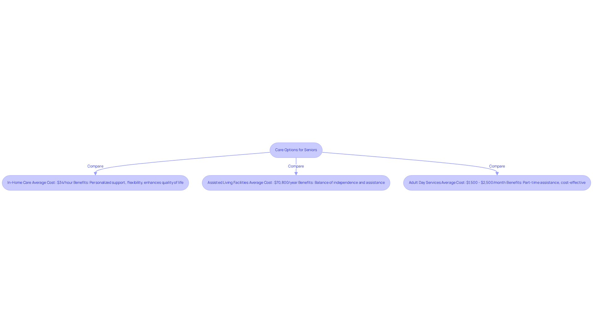 This flowchart shows various care options for seniors along with their costs. Each box highlights a type of care, with details about pricing and benefits, making it easy to see which might be the best fit.