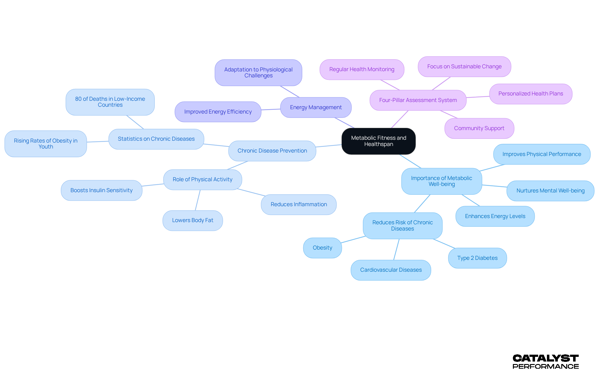 Start at the center with the main idea of metabolic fitness, then follow the branches to explore its importance, how it prevents diseases, manages energy, and the assessment system that supports health. Start at the center with the main idea of metabolic fitness, then follow the branches to explore its importance, how it prevents diseases, manages energy, and the assessment system that supports health.