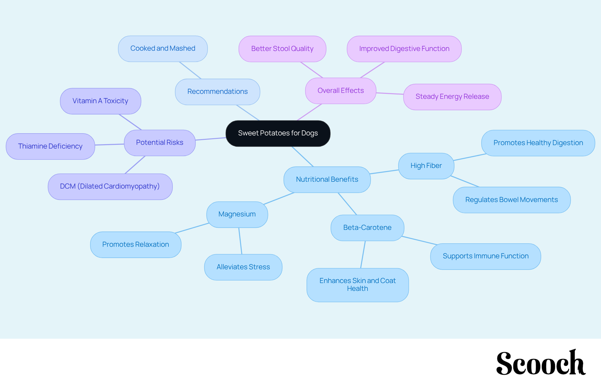 This mindmap shows how sweet potatoes can benefit your dog's health. Each branch represents a different aspect, from nutritional perks to important considerations. Follow the branches to explore how sweet potatoes can be a great addition to your pet's diet! This mindmap shows how sweet potatoes can benefit your dog's health. Each branch represents a different aspect, from nutritional perks to important considerations. Follow the branches to explore how sweet potatoes can be a great addition to your pet's diet!