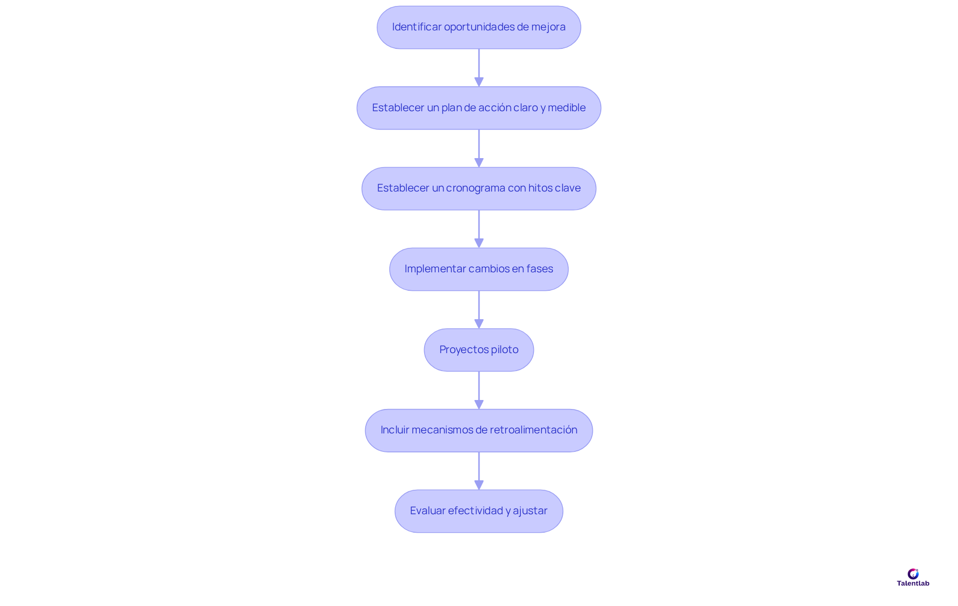 Cada cuadro representa un paso en el proceso de implementación. Sigue las flechas para ver cómo cada acción se conecta con la siguiente, desde la identificación de oportunidades hasta la evaluación de la efectividad.