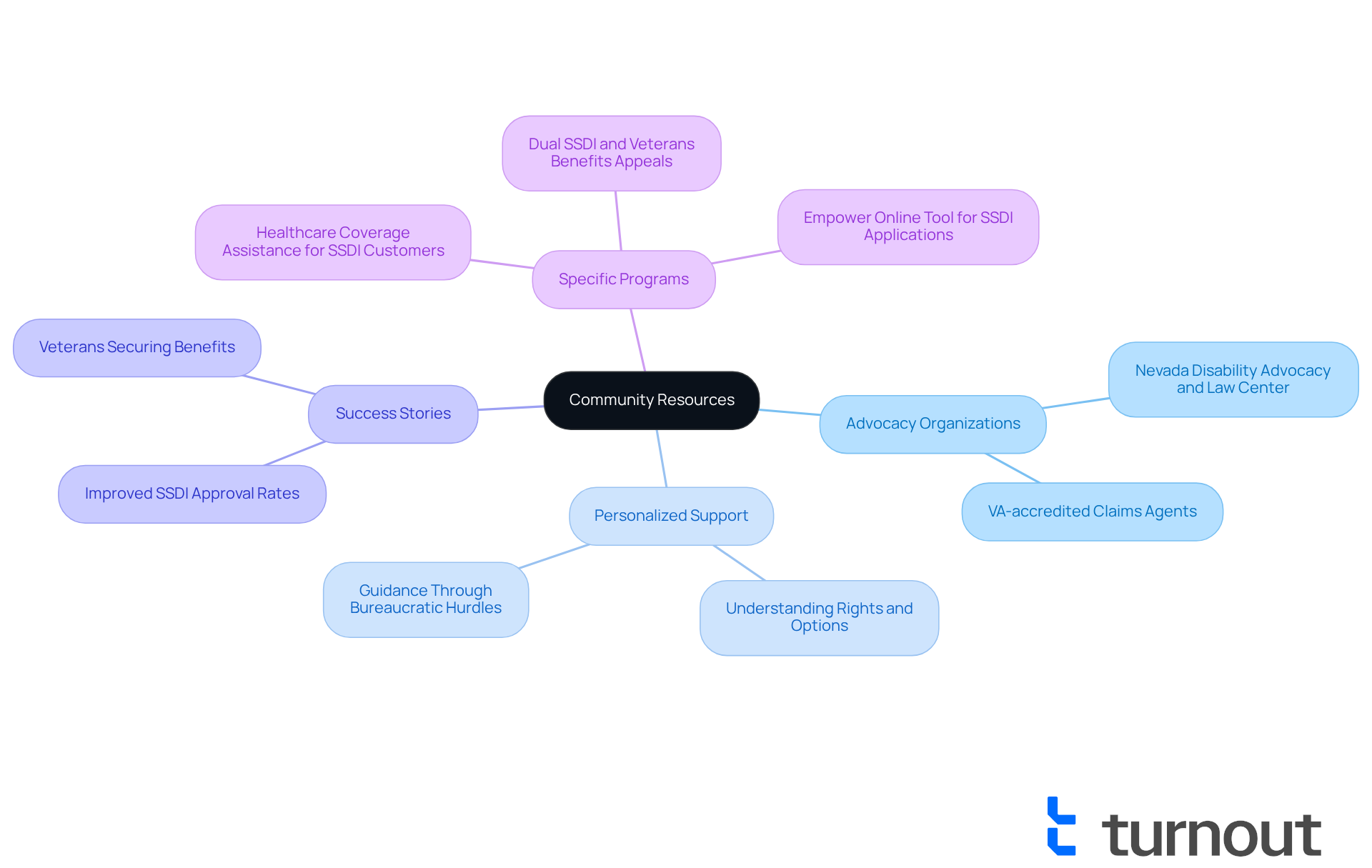 The central node represents community resources, while branches show different advocacy organizations and their roles. Each color-coded branch helps you see how these groups contribute to navigating benefits.