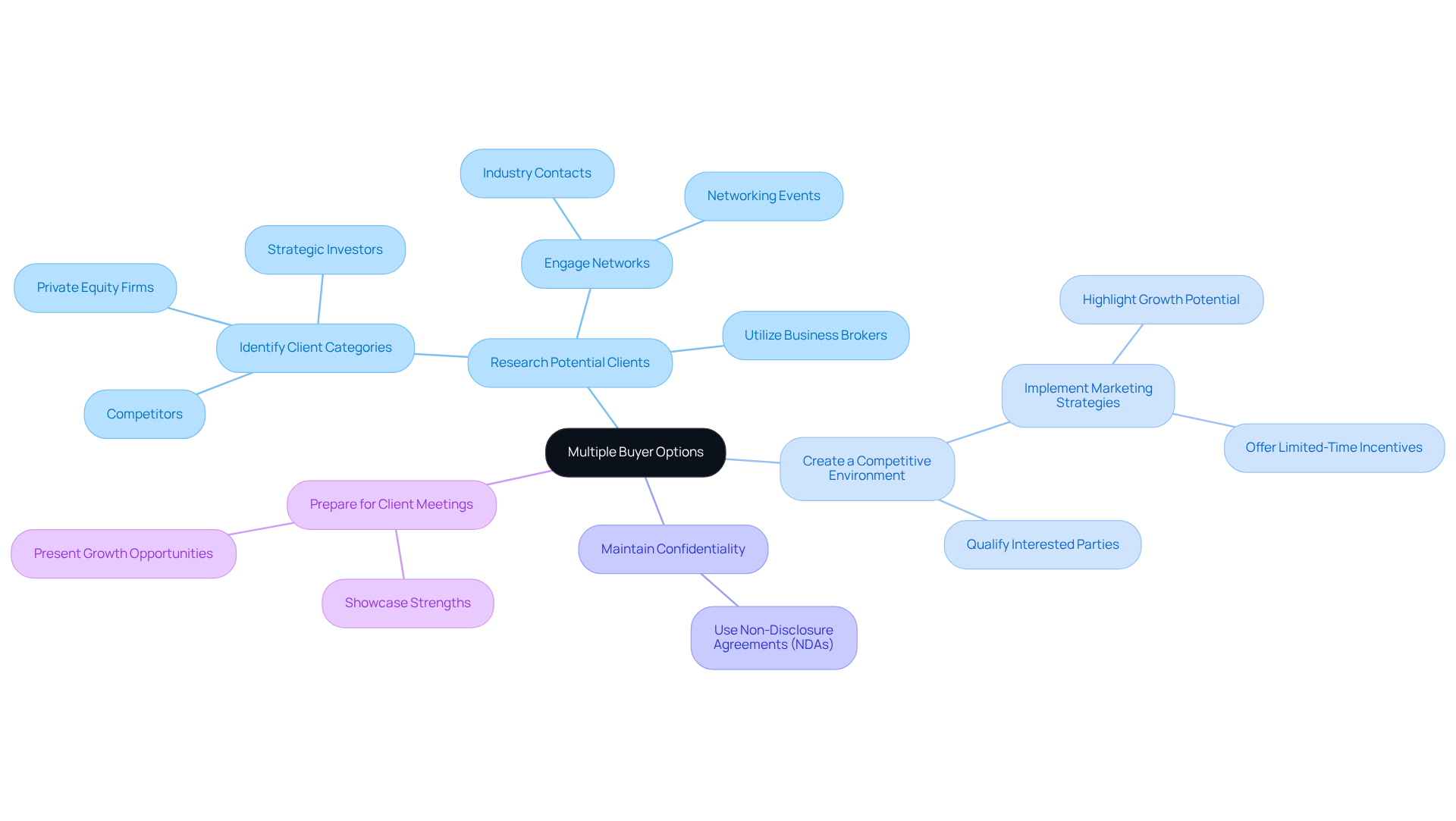 The central node represents the main goal of having multiple buyer options. Each branch shows a key strategy, and the sub-branches provide specific actions or considerations related to that strategy. This layout helps you see how different approaches connect to the overall objective. The central node represents the main goal of having multiple buyer options. Each branch shows a key strategy, and the sub-branches provide specific actions or considerations related to that strategy. This layout helps you see how different approaches connect to the overall objective.