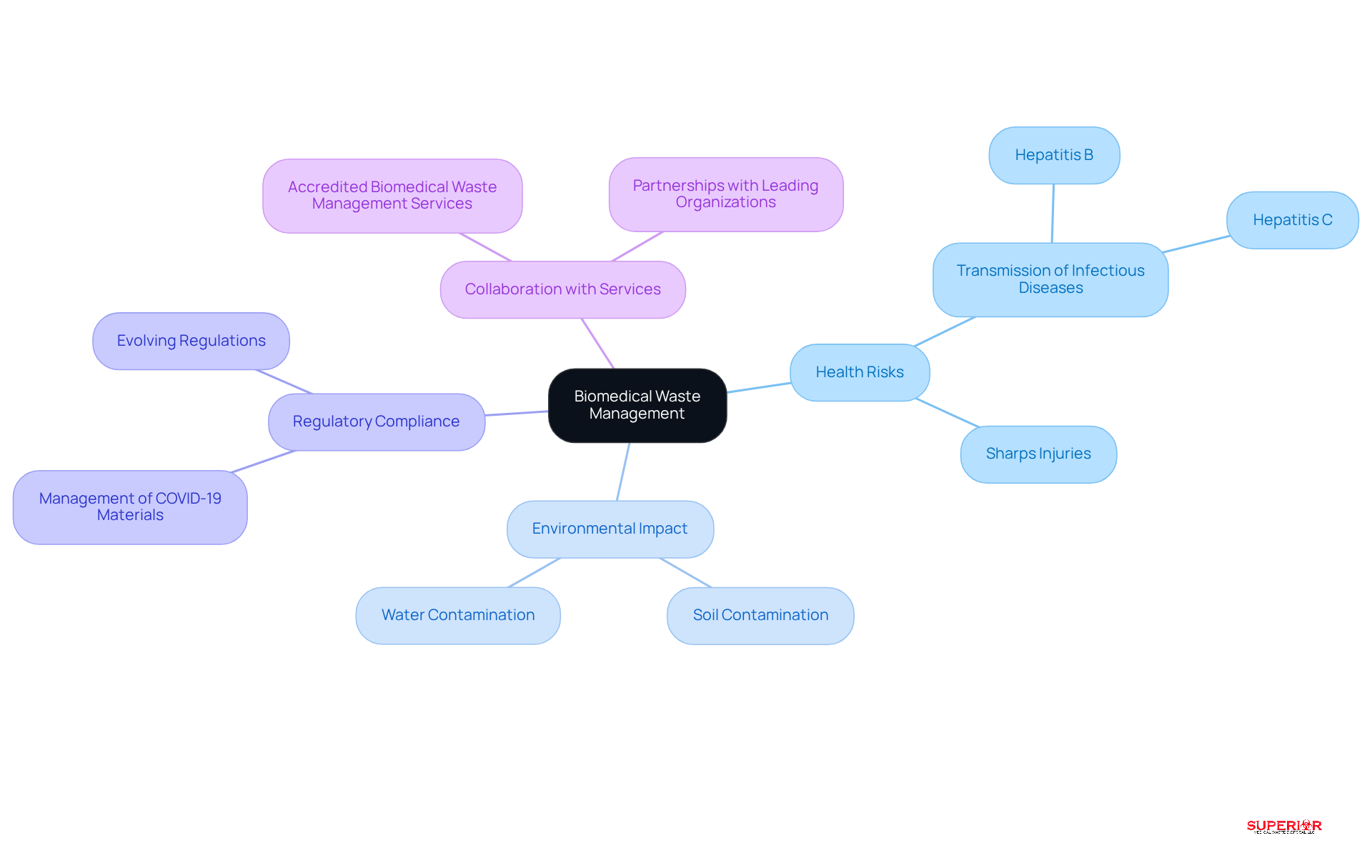 The central node represents the main topic, while branches show key areas of concern. Each sub-branch provides specific details, helping you understand how these elements connect to the overall importance of managing biomedical waste.