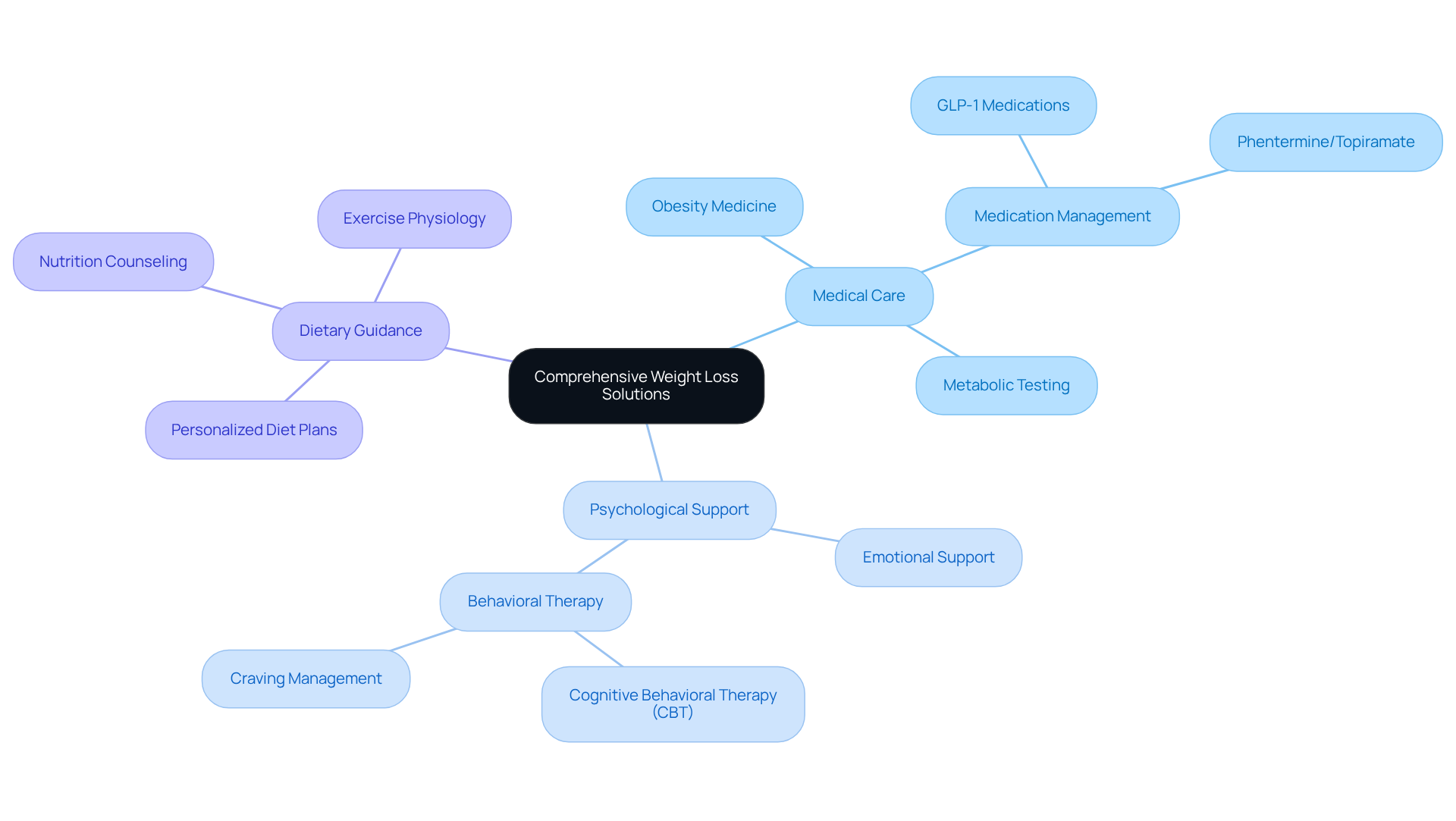 This mindmap illustrates the holistic approach to weight loss at Misra Wellness. Start at the center with the main theme, then explore the branches to see how medical, psychological, and dietary care work together to support your journey towards wellness. This mindmap illustrates the holistic approach to weight loss at Misra Wellness. Start at the center with the main theme, then explore the branches to see how medical, psychological, and dietary care work together to support your journey towards wellness.
