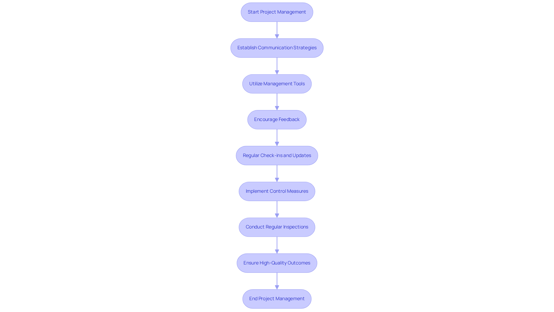 Follow the arrows to see how each step in the process connects. Starting from project management, each step builds on the previous one to ensure effective communication and high-quality outcomes.