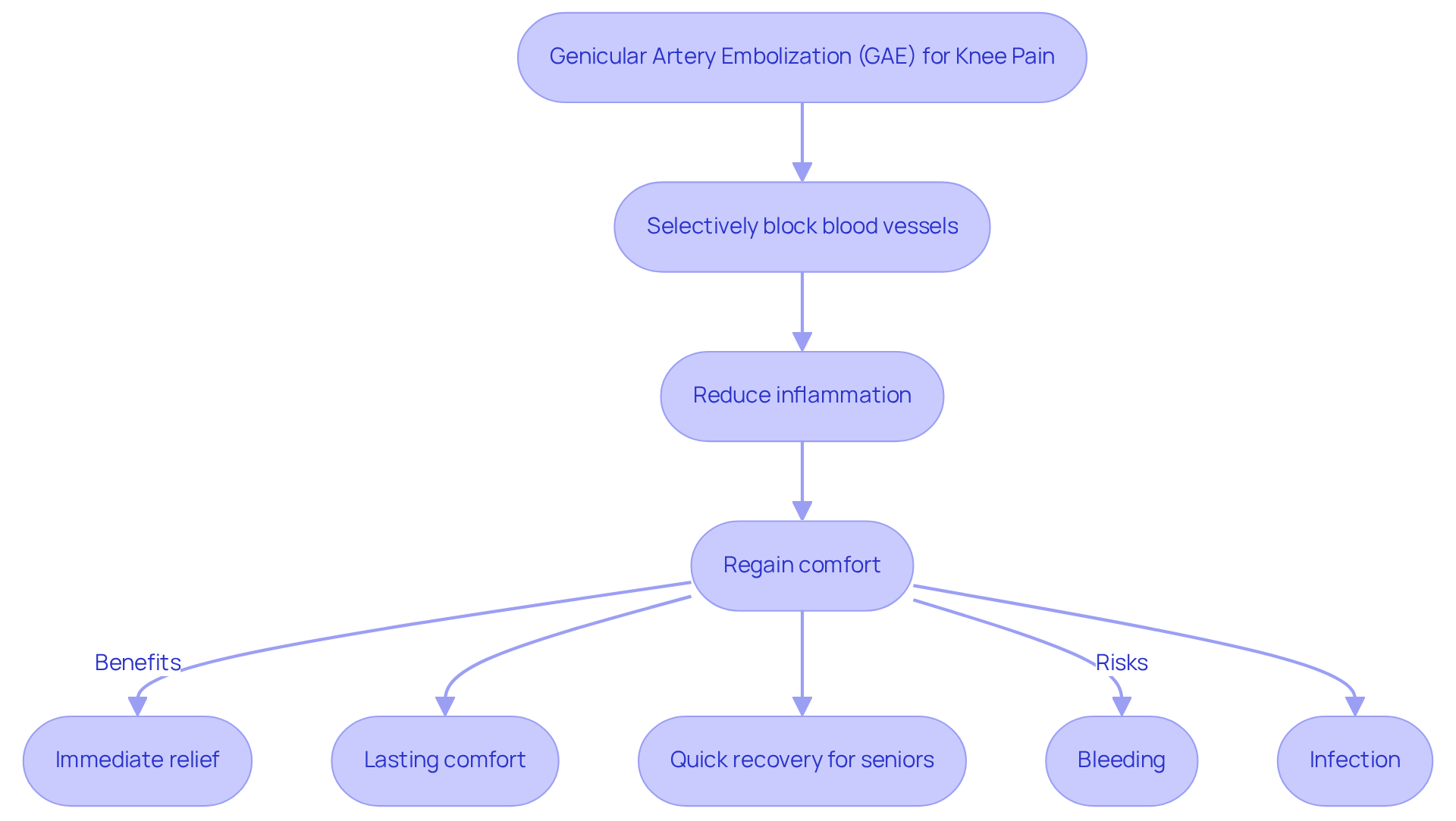 This flowchart outlines the Genicular Artery Embolization process. Start with the procedure, then see the benefits it offers, and be aware of the potential risks. Each step is connected to show how they relate to one another.