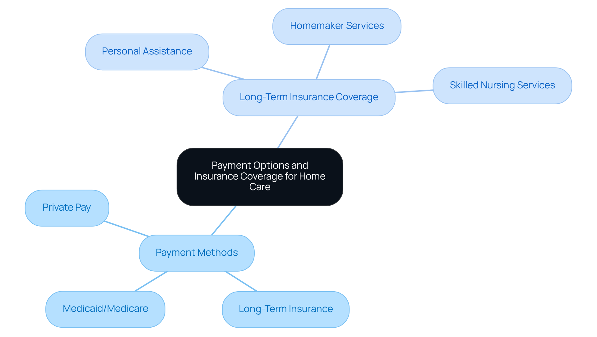 The central idea represents the overall topic. Each branch shows a different category of payment or insurance, helping you see how each option connects to the overall theme of home care financing.
