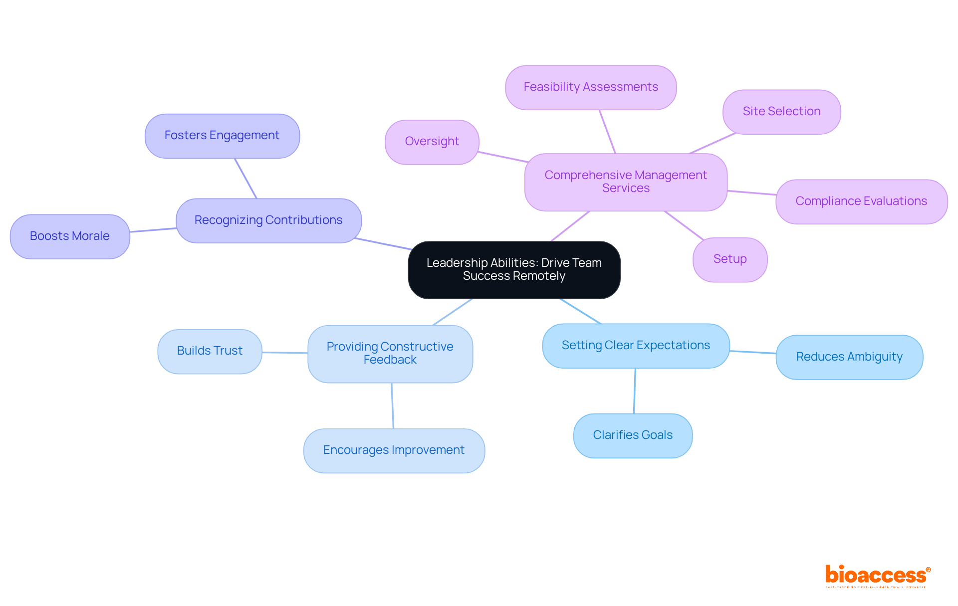 The central concept is leadership abilities, with branches showing specific skills and how they support team success. The additional services provided enhance these efforts, helping leaders inspire their teams effectively.