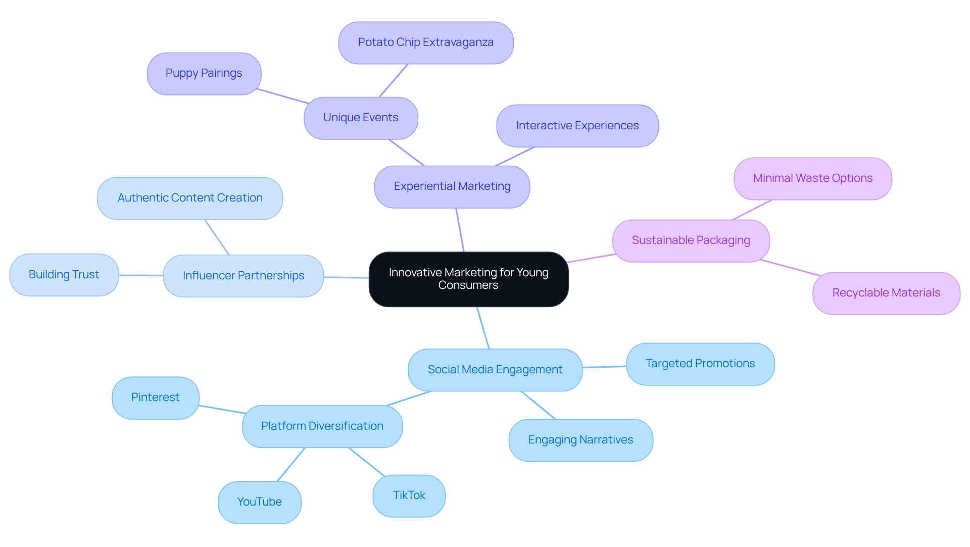 The central node represents the main goal of attracting young consumers, and each branch shows a different marketing strategy. The sub-branches give specific examples or tactics related to each strategy.