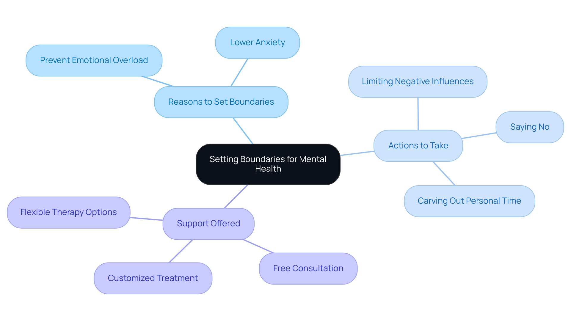 Start at the center with the main theme of setting boundaries. Each branch represents different aspects, such as reasons, actionable steps, and available support, helping you see how they all connect.