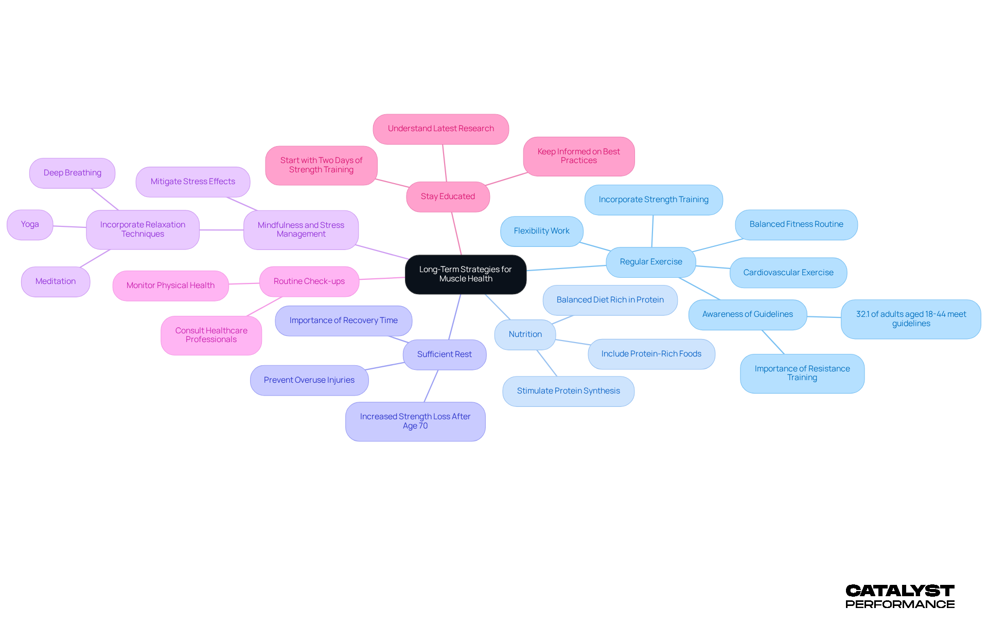 The central node represents the main goal of improving muscle health, while each branch shows a different strategy. Follow the branches to see specific actions you can take under each strategy to support your muscle health journey. The central node represents the main goal of improving muscle health, while each branch shows a different strategy. Follow the branches to see specific actions you can take under each strategy to support your muscle health journey.