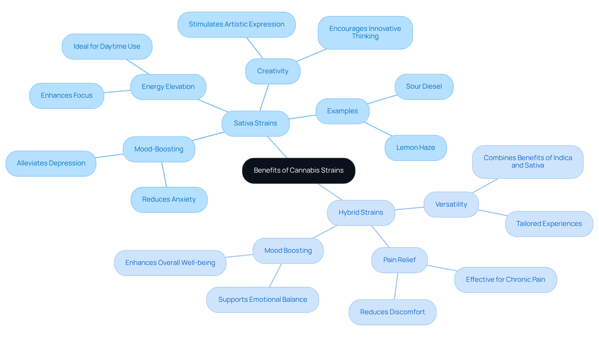 The central node represents the overall topic, while the branches show the specific benefits and characteristics of each strain type. Follow the branches to explore how Sativa and Hybrid strains differ and what unique advantages they offer. The central node represents the overall topic, while the branches show the specific benefits and characteristics of each strain type. Follow the branches to explore how Sativa and Hybrid strains differ and what unique advantages they offer.