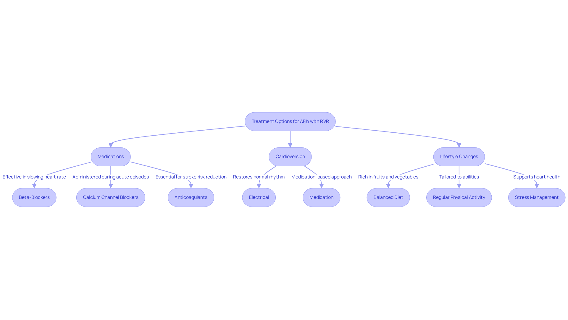 This flowchart outlines the various treatment options for managing AFib with RVR. Start at the top with the main treatment categories, and follow the arrows to see the specific medications, procedures, and lifestyle changes that can help improve heart health.