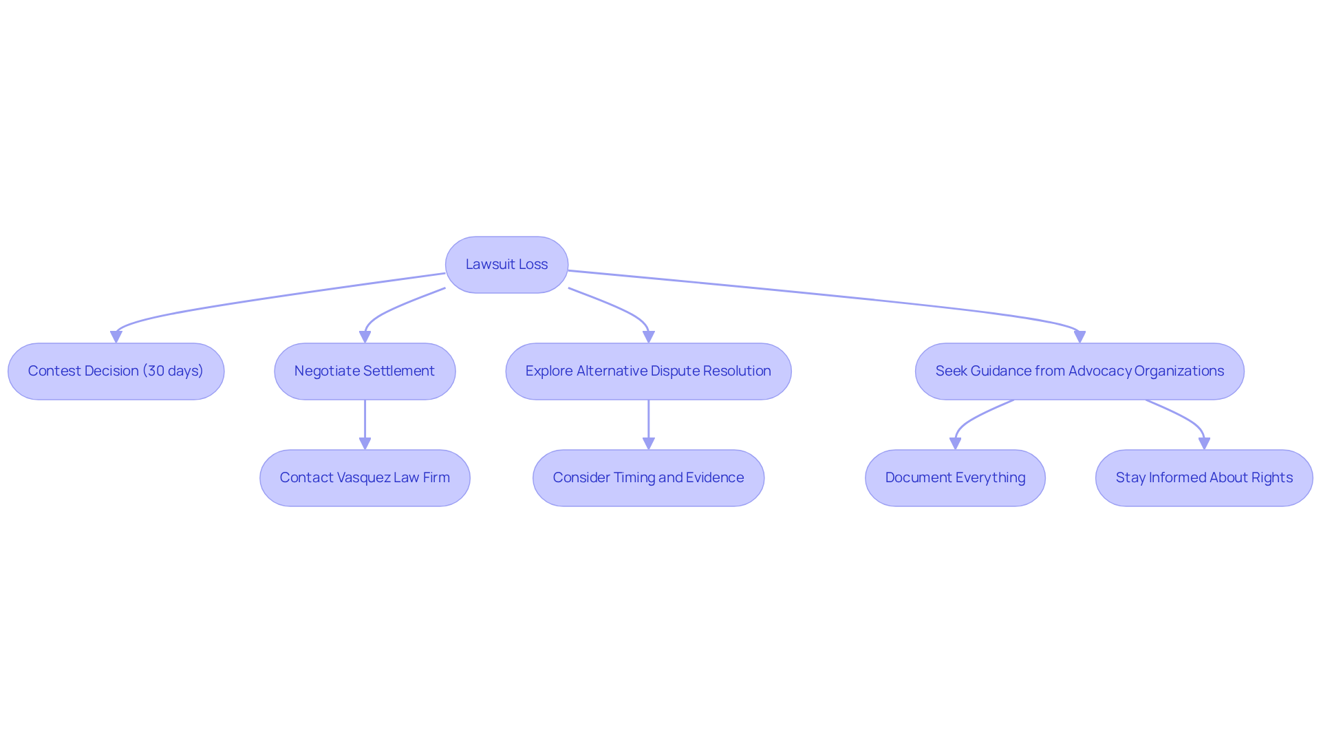 This flowchart shows what you can do after losing a lawsuit. Start at the top with 'Lawsuit Loss' and follow the arrows to see your options. Each branch leads to different paths you can take, like contesting the decision or seeking help from lawyers. Remember, you still have rights and choices!