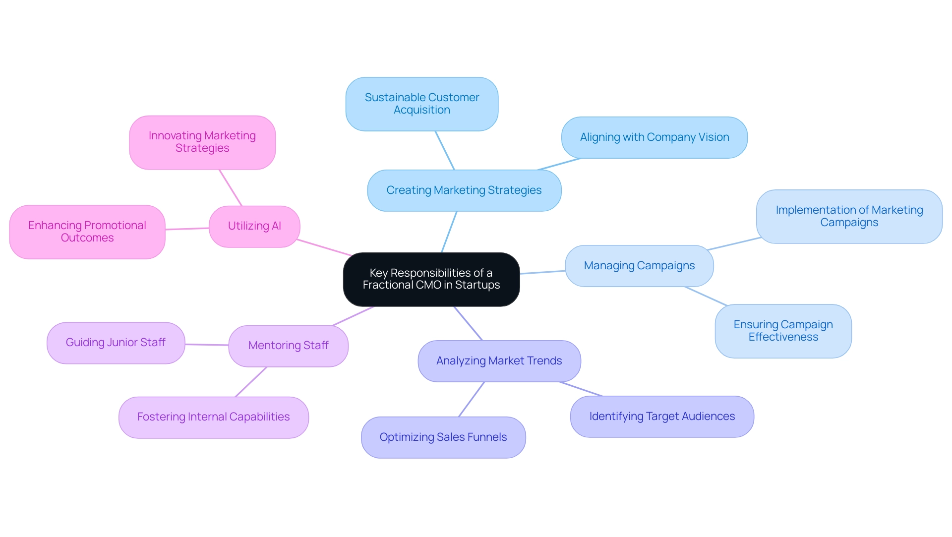 Each branch represents a primary responsibility of the fractional CMO, with sub-branches detailing specific actions or components related to those responsibilities.