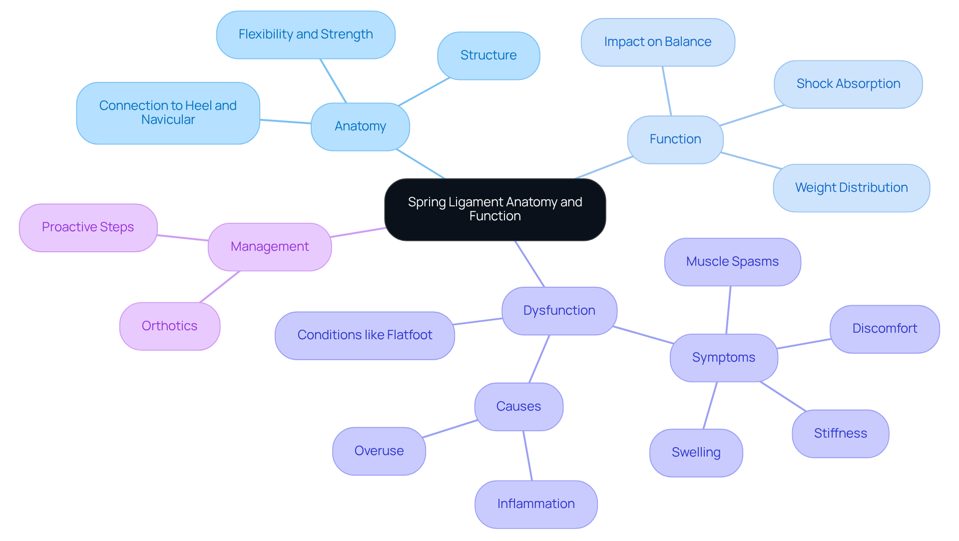 The central node represents the spring ligament, while the branches show its anatomy, function, dysfunction, and management strategies. Each color-coded branch helps you navigate through the different aspects of the ligament's role in foot health. The central node represents the spring ligament, while the branches show its anatomy, function, dysfunction, and management strategies. Each color-coded branch helps you navigate through the different aspects of the ligament's role in foot health.