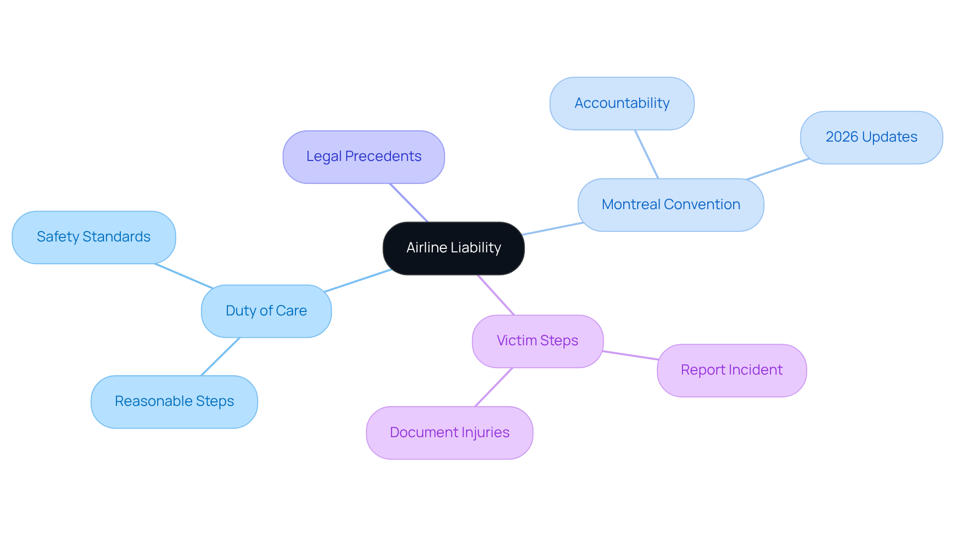 The central node represents airline liability, with branches showing important concepts and actions. Each branch connects to specific details, helping you understand how they relate to each other.