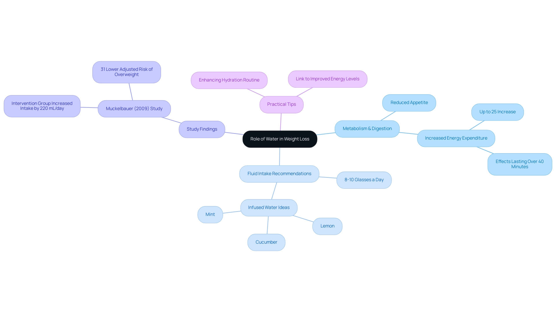 The central node represents the overall topic, with branches showing various aspects like metabolism, recommendations, studies, and practical tips.