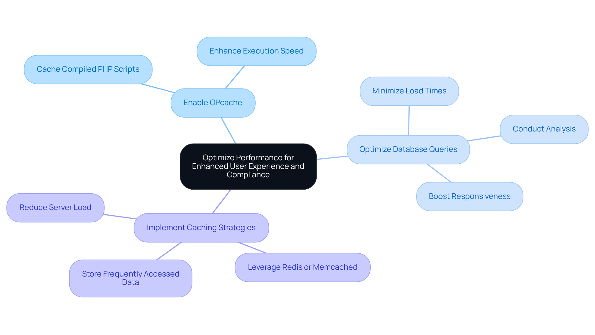 The center shows the main goal of optimizing performance, and the branches represent specific practices to achieve that goal. Each practice is a step towards enhancing user experience and ensuring compliance.