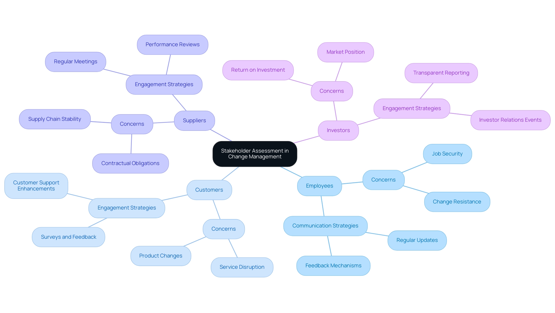 The central node represents the overall process, branches denote major stakeholder categories, and sub-branches indicate specific concerns and strategies for each group.