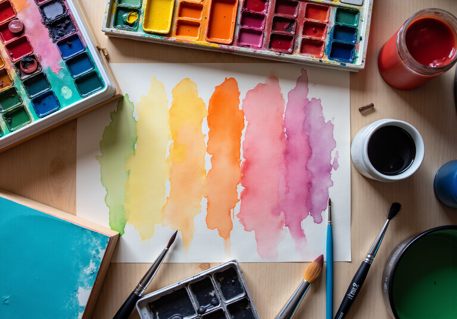 Exploring Watercolor Mediums in an Artist's Workspace Exploring Watercolor Mediums in an Artist's Workspace
