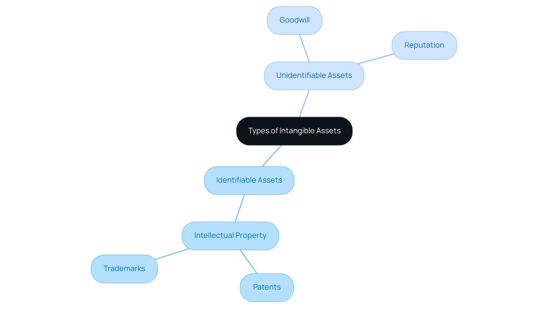 The central node represents intangible assets, with branches indicating identifiable and unidentifiable types, each with examples and characteristics.