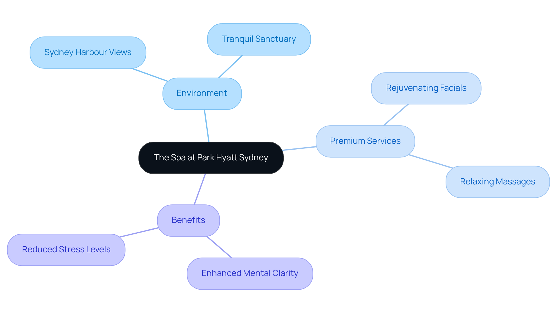 This mindmap starts with the spa at the center and explores its serene environment, premium services, and the benefits they offer for executives seeking relaxation and balance.