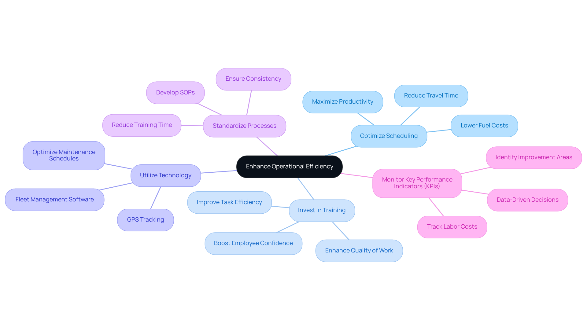 The central node represents the main goal of improving efficiency, while each branch shows a specific strategy to achieve that goal. Follow the branches to understand how each strategy contributes to reducing costs and improving operations.