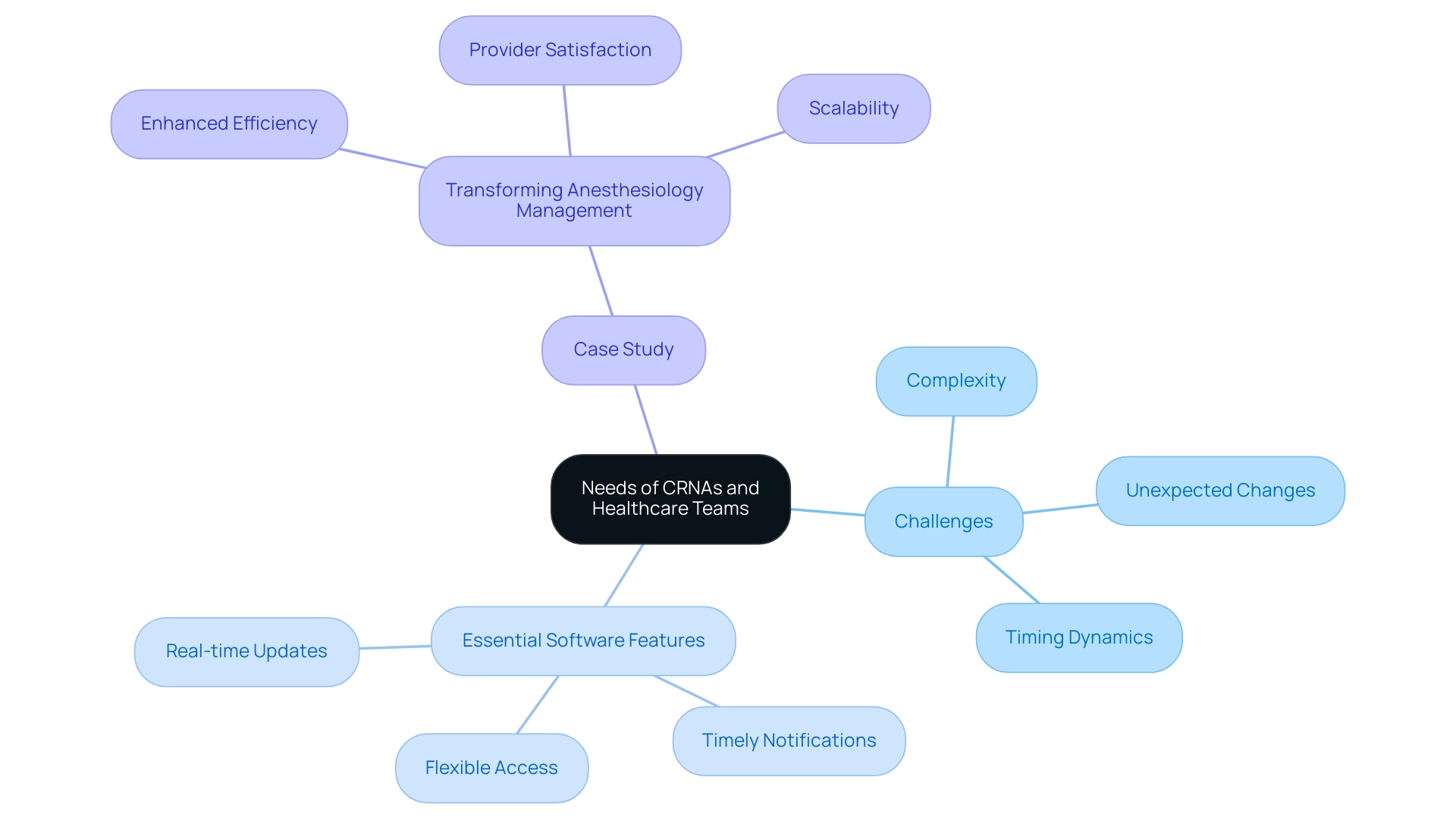 The central node represents the overall needs, with branches highlighting challenges, essential software features, and case study insights.