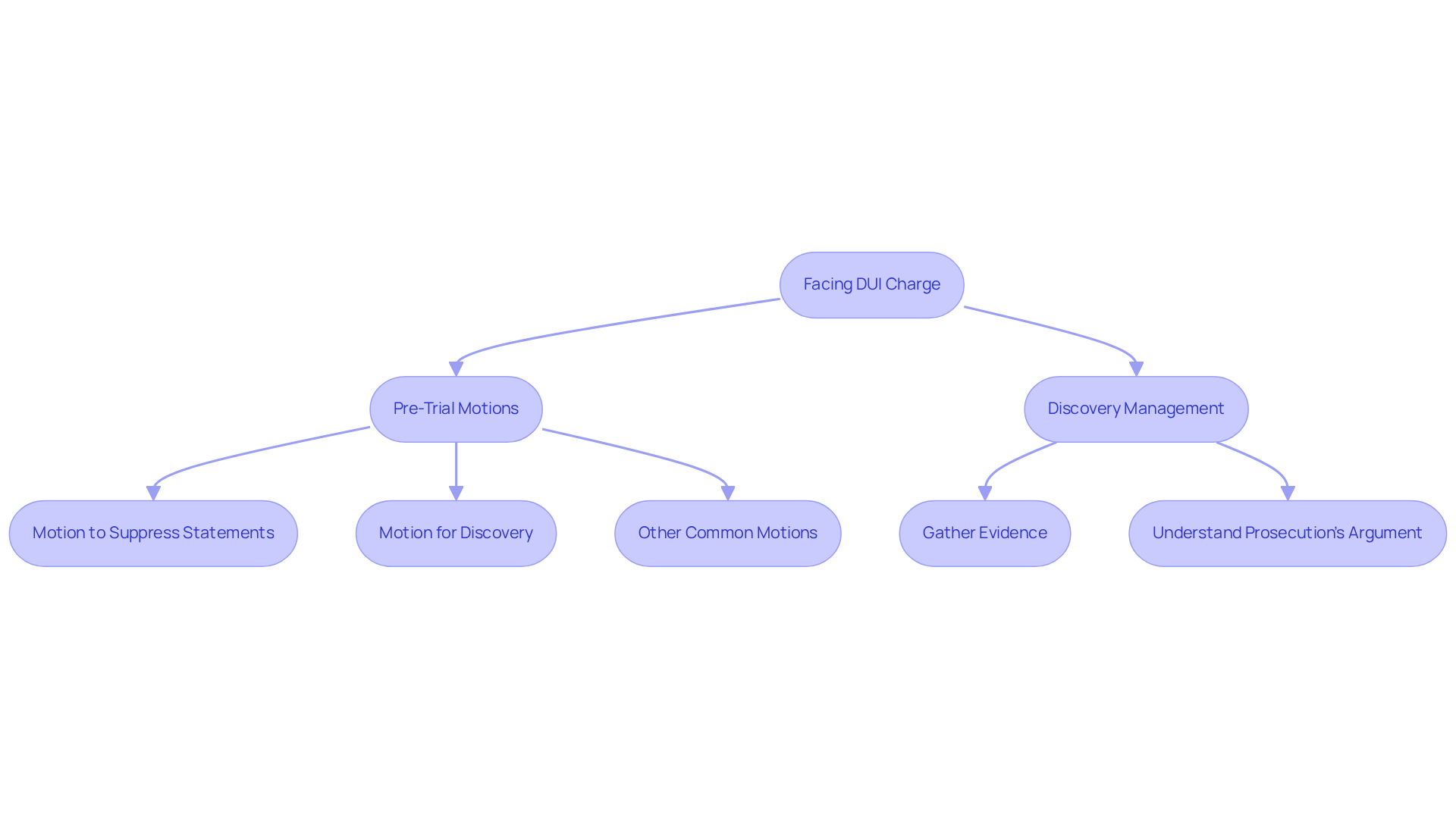 This flowchart shows the steps you can take when facing a DUI charge. Start at the top with the initial situation, then follow the arrows to see the different motions you can file and how to manage discovery. Each box represents an important action or decision in the process.