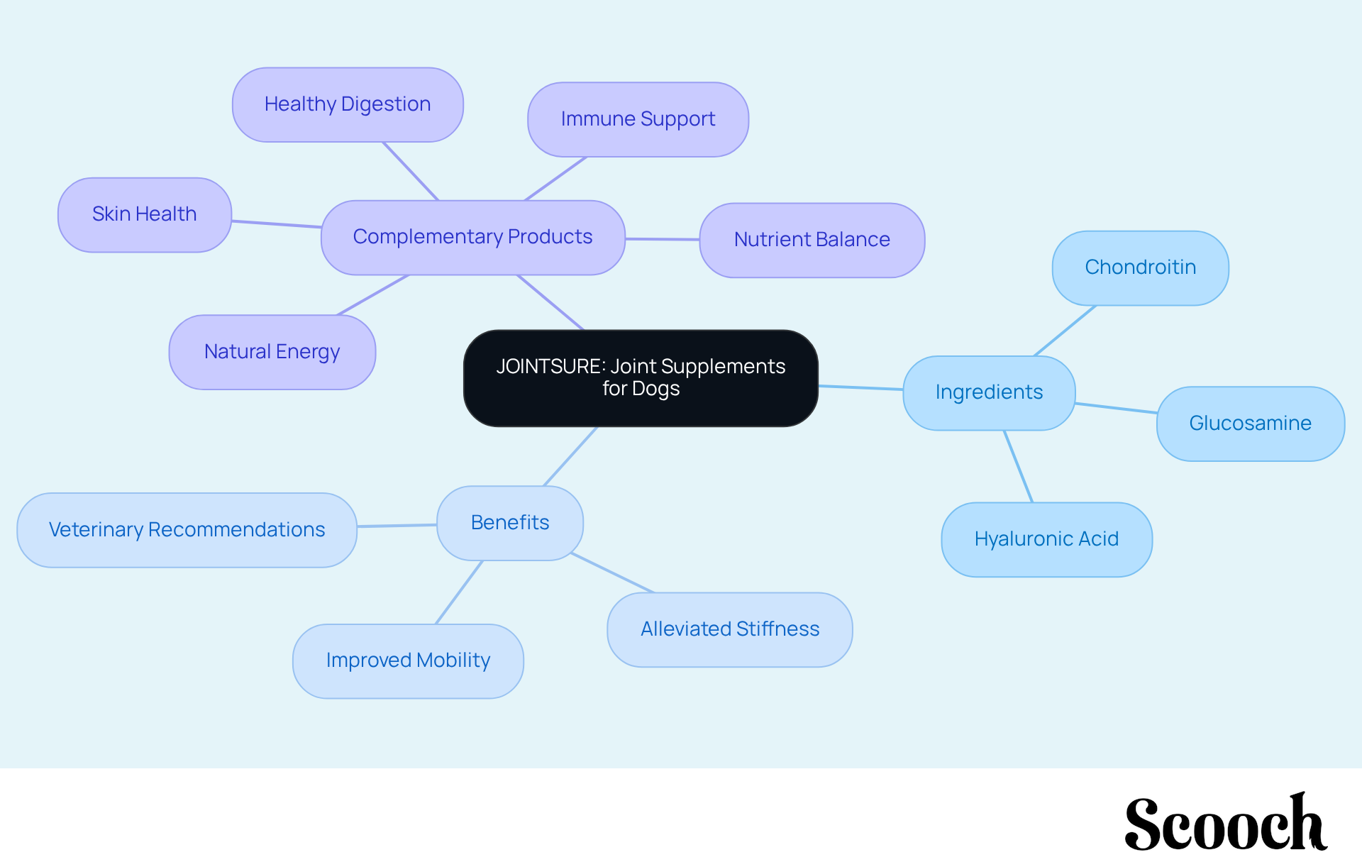 The central node represents JOINTSURE, while the branches show its key ingredients, benefits, and complementary products. Each branch highlights how JOINTSURE contributes to the health and comfort of senior dogs.