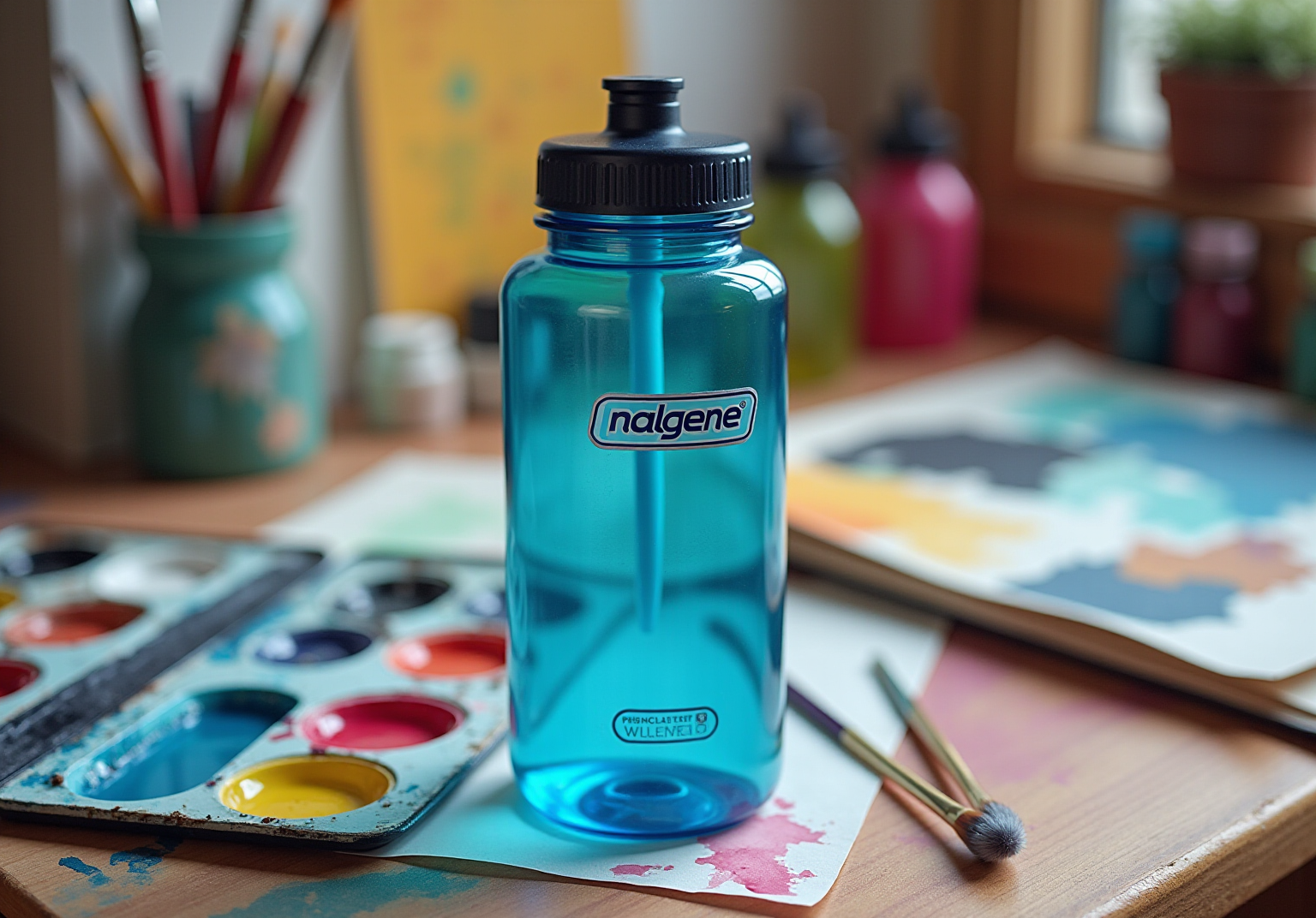 Nalgene Water Bottle in Artistic Workspace Nalgene Water Bottle in Artistic Workspace